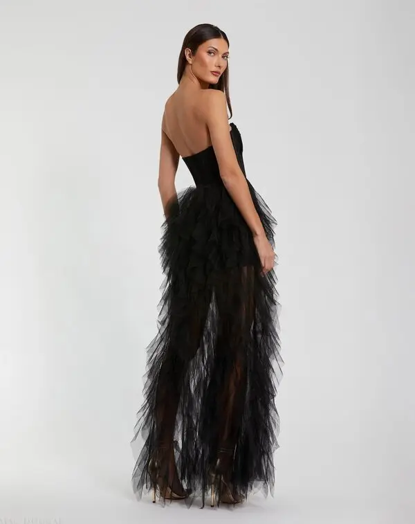 Mac Duggal Strapless Gown With Spiral Ruffles And Thigh-high Slit - Black