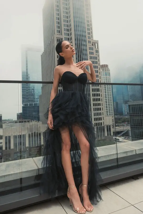 Mac Duggal Strapless Gown With Spiral Ruffles And Thigh-high Slit - Black