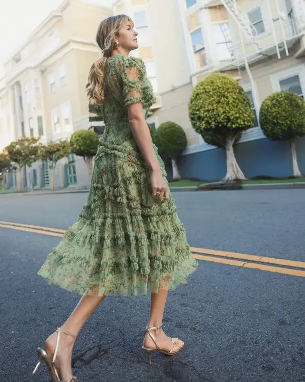 Mac Duggal Floral Midi Dress With Ruffle Detailing - Green | Editorialist