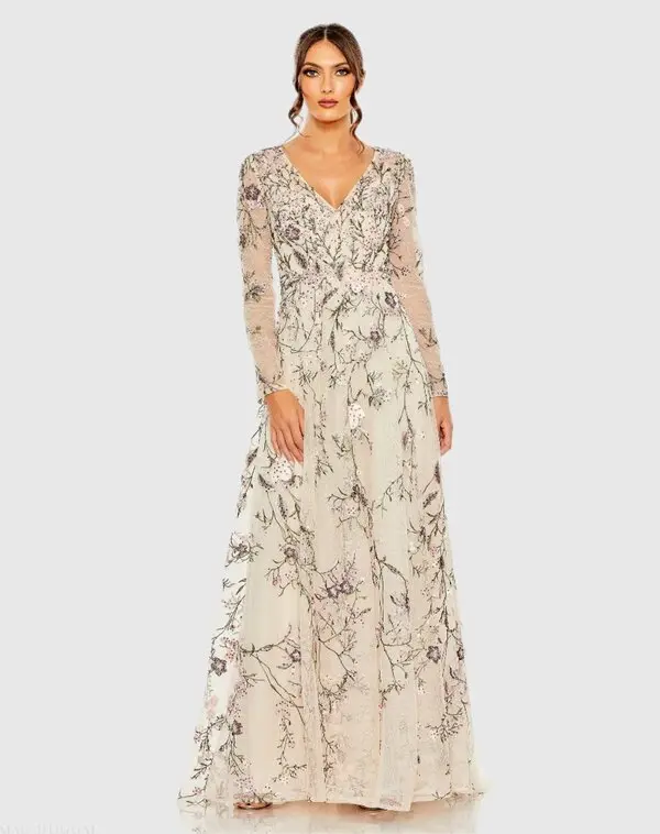 Mac Duggal V-neck Embroidered A-line Gown