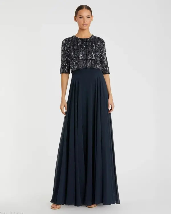 Mac Duggal Chiffon Gown With Beaded 3/4 Sleeve Top - Navy