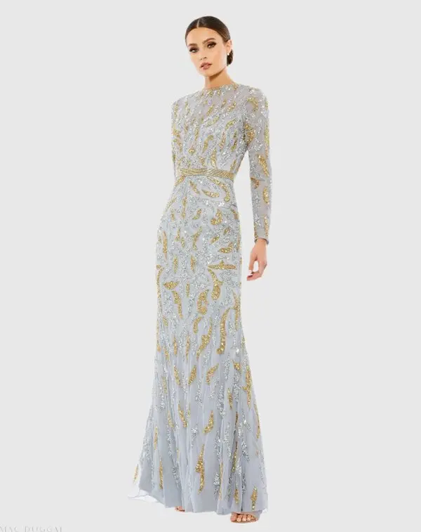 Mac Duggal Long Sleeve Beaded Evening Gown - Gray