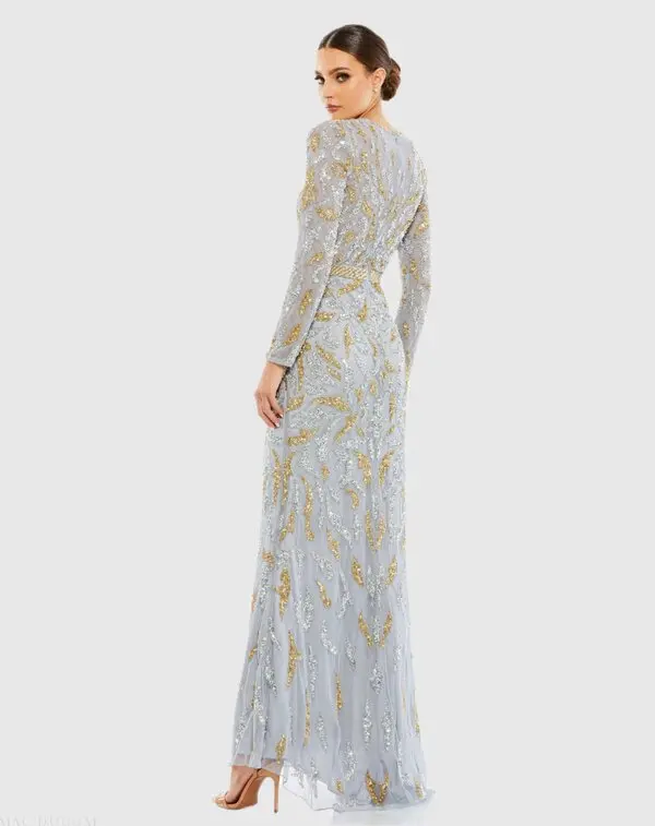Mac Duggal Long Sleeve Beaded Evening Gown - Gray