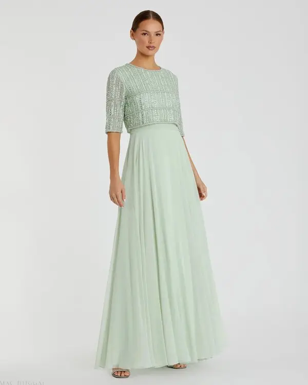 Mac Duggal Chiffon Gown With Beaded Sleeve Top - Green