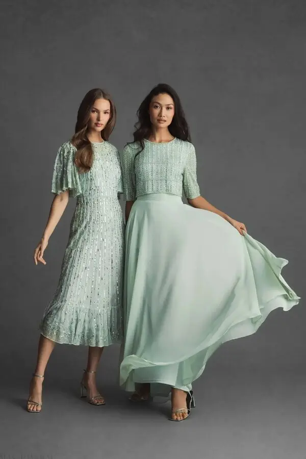 mac duggal green beaded dress Green Beaded V-Neck Short Sleeve Blouson Gown