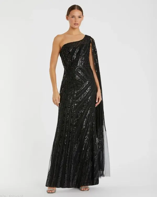 Mac Duggal One Shoulder Embellished Gown With Cape Sleeve - Black