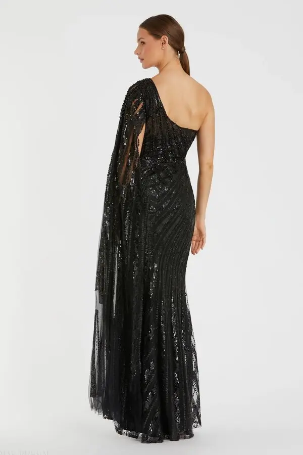 Mac Duggal One Shoulder Embellished Gown With Cape Sleeve - Black