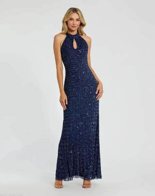 Mac Duggal Embellished Halter Neck Keyhole Gown