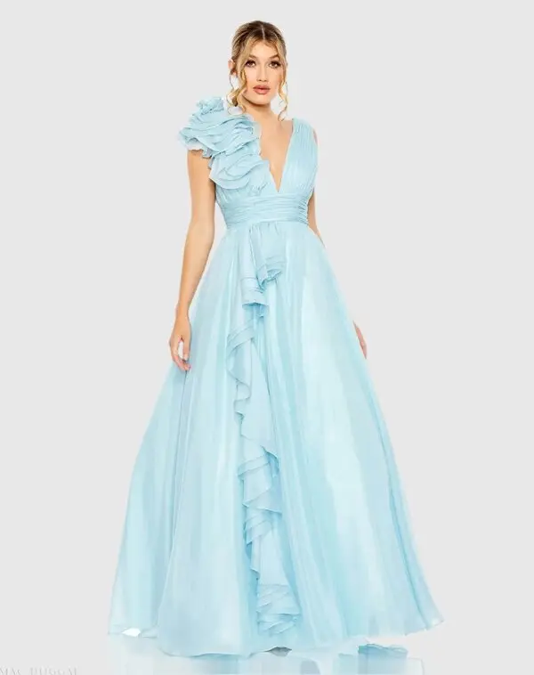 Mac Duggal V-neck Ruffle Shoulder Gown - Blue