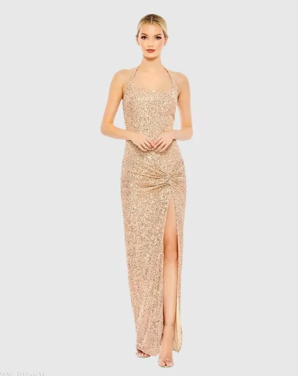 Mac Duggal Sequin Embellished Halter Gown With Knot Detail - Neutral