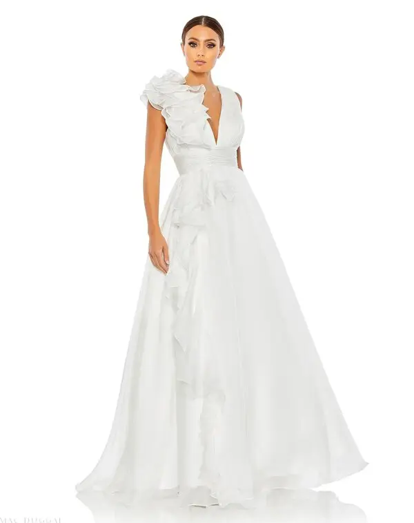 Mac Duggal Ruffle Shoulder V-neck Chiffon Gown - White