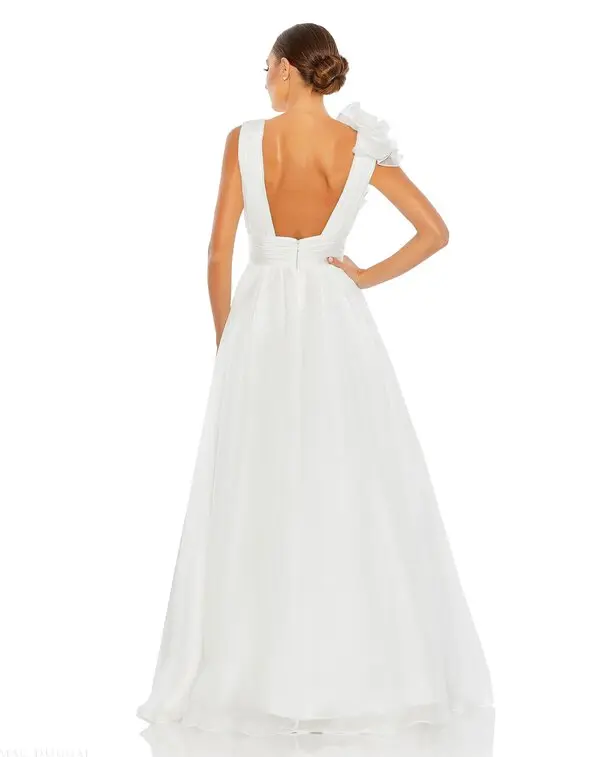 Mac Duggal Ruffle Shoulder V-neck Chiffon Gown - White