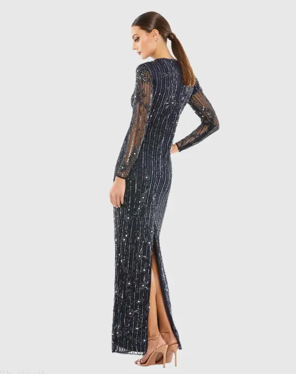 Mac Duggal Embellished High Neck Illusion Long Sleeve Gown