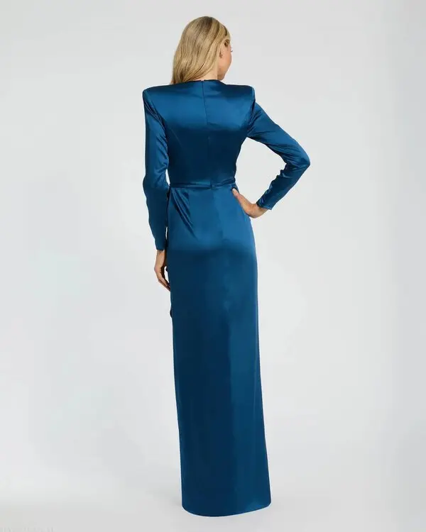 Mac Duggal Long Sleeve Satin Column Gown - Blue