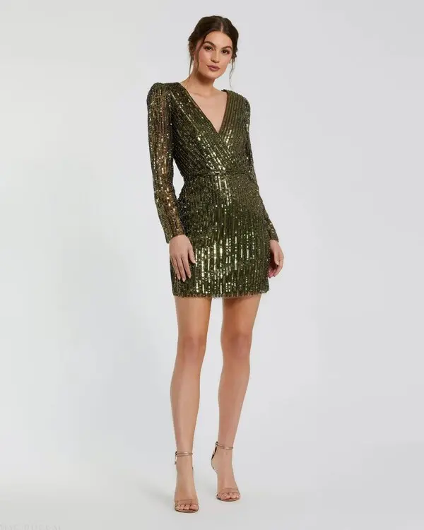 Mac Duggal Long Sleeve Sequined Mini Dress - Olive