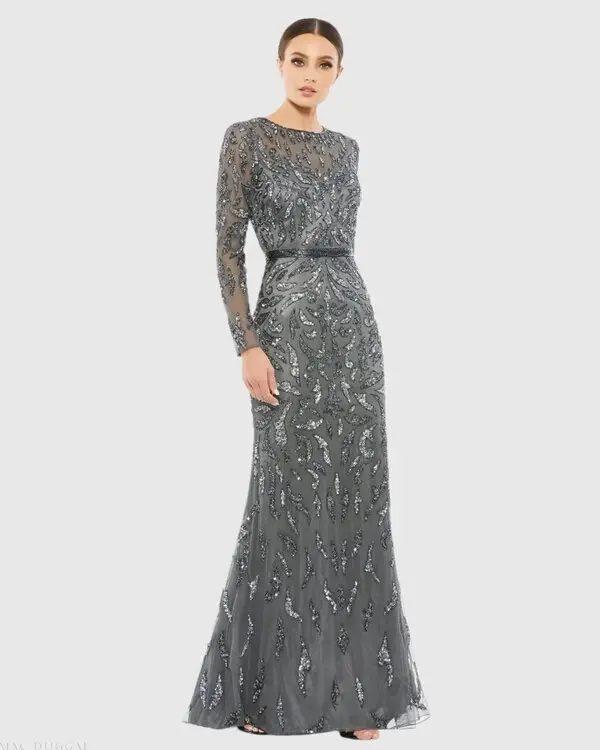 Mac Duggal Long Sleeve Beaded Evening Gown - Gray
