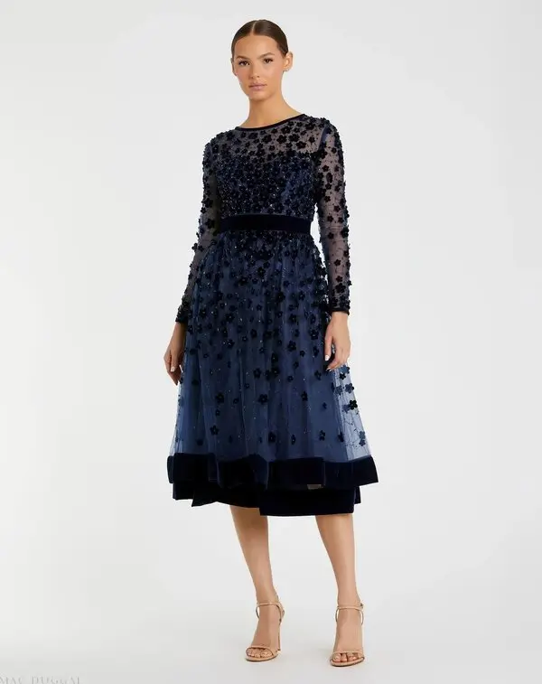 Mac Duggal Embellished Velvet Trim A-line Midi Dress
