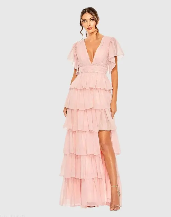 Mac Duggal Flutter Sleeve Ruffle Tiered Gown - Pink