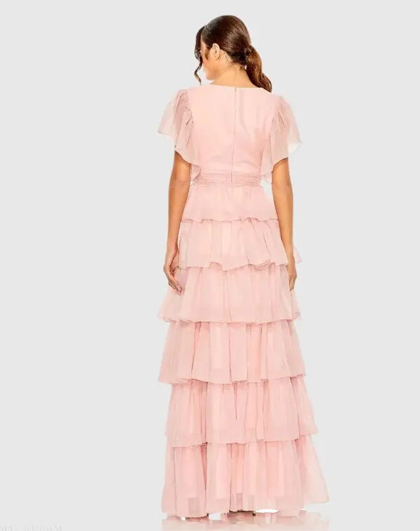 Mac Duggal Flutter Sleeve Ruffle Tiered Gown - Pink