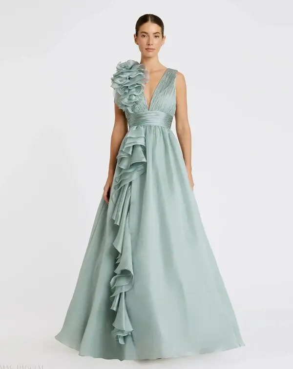 Mac Duggal V-neck Ruffled Shoulder Gown - Green