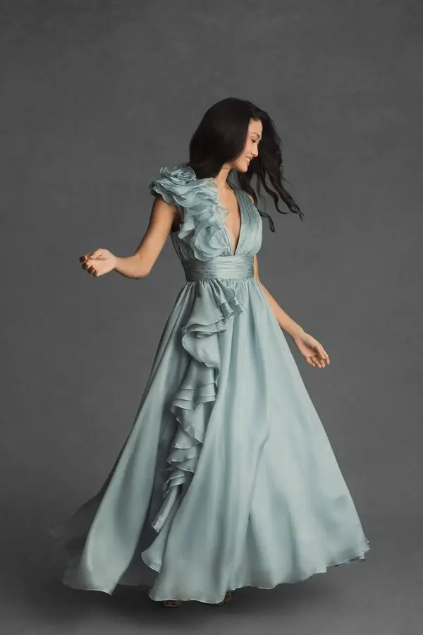 Mac Duggal V-neck Ruffled Shoulder Gown - Green