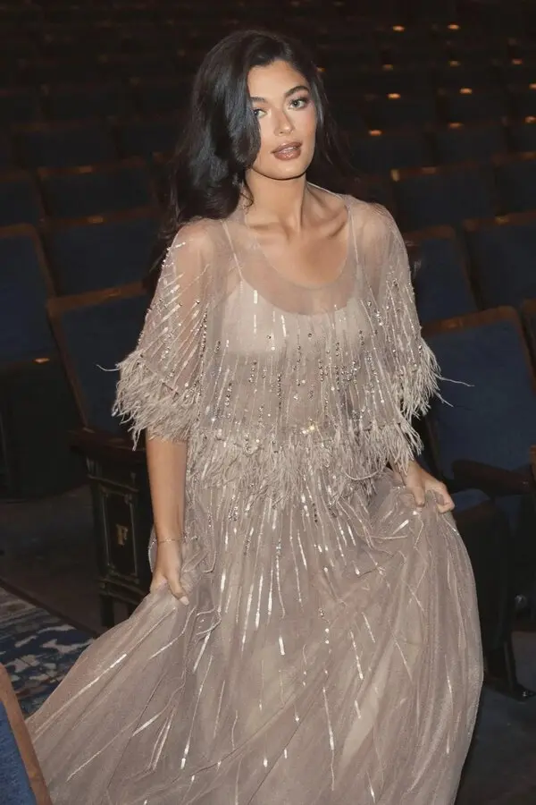 Mac Duggal Embellished A-Line Gown With Feather Detail Cape - Neutral |  Editorialist