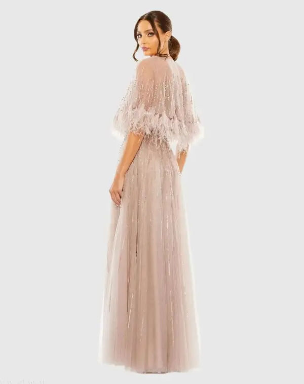 Mac Duggal Embellished A-line Gown With Feather Detail Cape