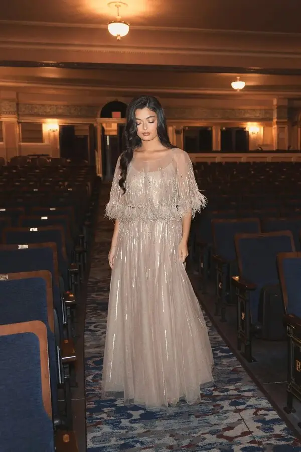 Mac Duggal Embellished A-Line Gown With Feather Detail Cape - Neutral |  Editorialist