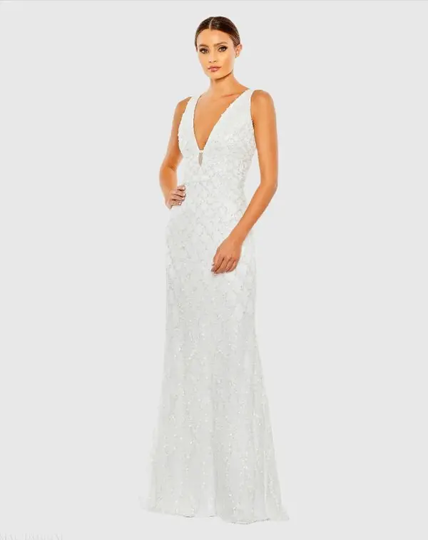 Mac Duggal Sequined Plunge Neck Column Gown