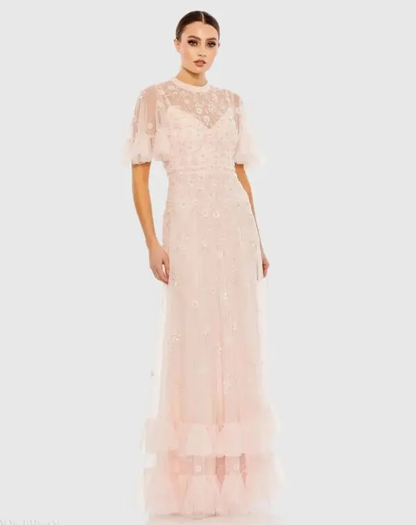 Mac Duggal Embellished Flutter Sleeve A-line Gown - Pink