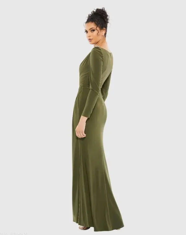 Mac Duggal Draped Bateau Long Sleeve Trumpet Gown