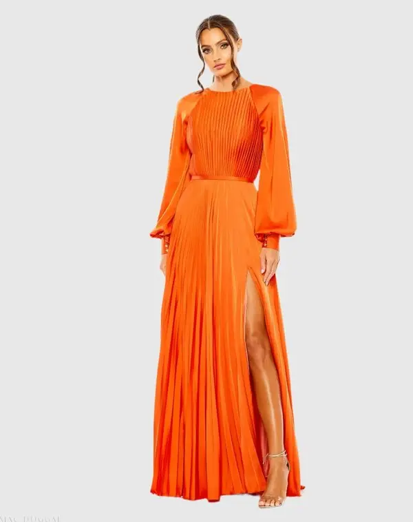Mac Duggal Pleated High Neck Long Sleeve Gown With Slit - Orange