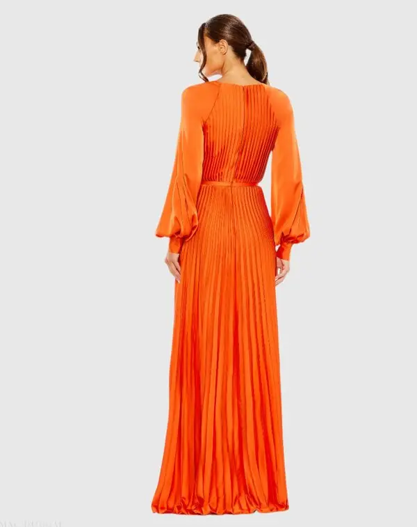 Mac Duggal Pleated High Neck Long Sleeve Gown With Slit - Orange