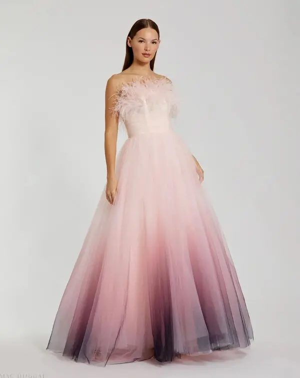 Mac Duggal Ombre Strapless Feather Bodice Tulle Gown - Pink