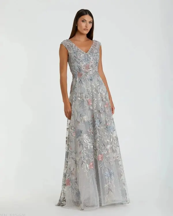 Mac Duggal Embroidered Illusion Cap Sleeve A-line Gown - Gray