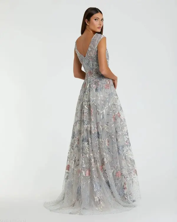 Mac Duggal Embroidered Illusion Cap Sleeve A-line Gown - Gray