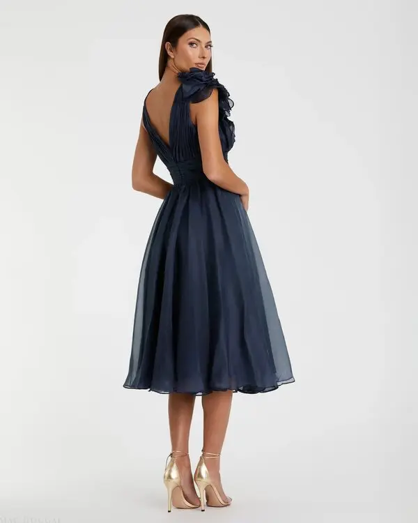 Mac Duggal - Navy Sleeveless Chiffon A-Line Tea Length Cocktail Dress - US 6
