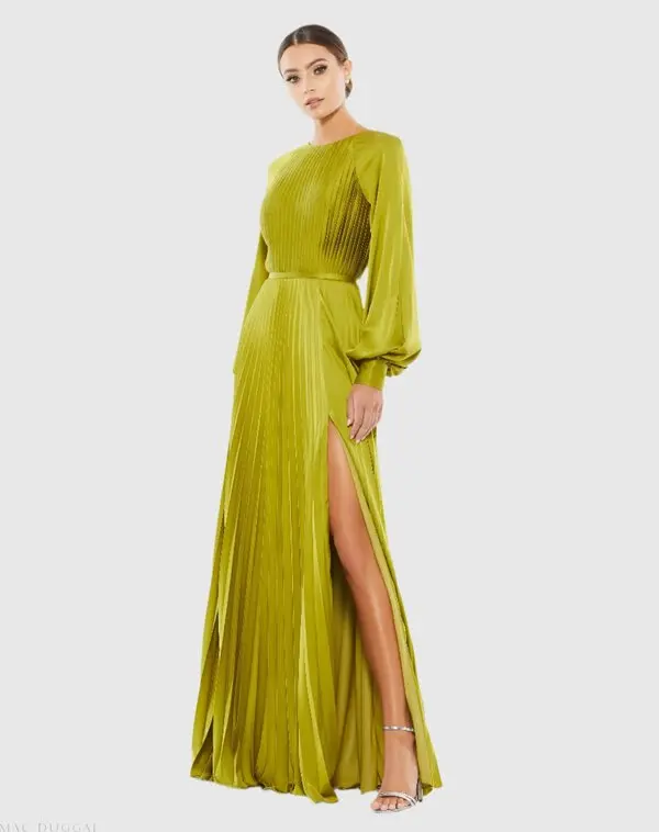 Mac Duggal Pleated High Neck Long Sleeve Gown With Slit - Green