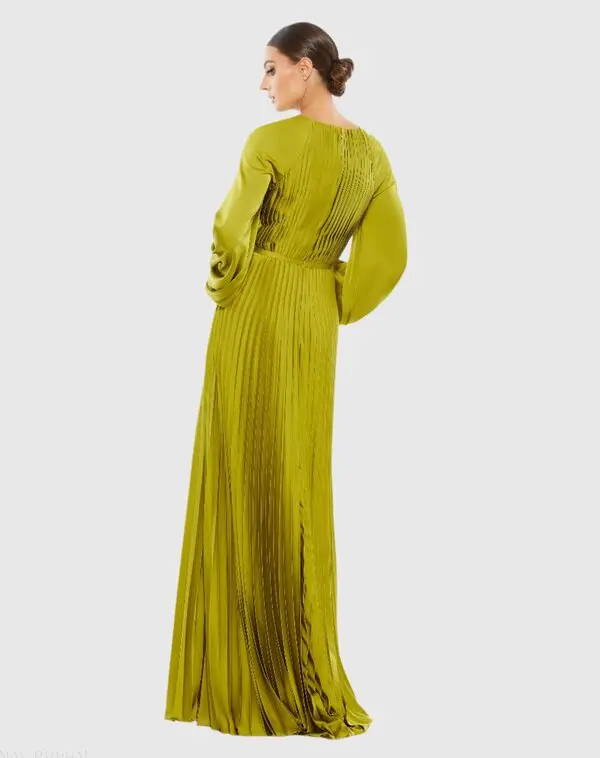 Mac Duggal Pleated High Neck Long Sleeve Gown With Slit - Green