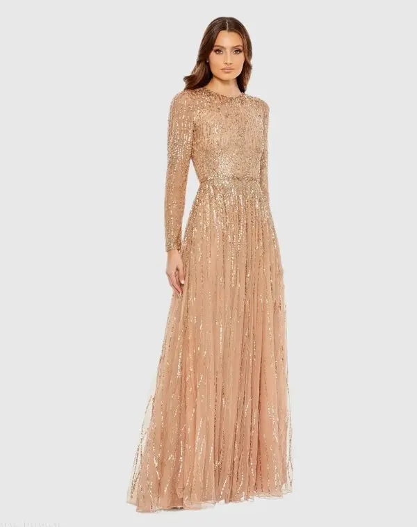 Mac Duggal Embellished High Neck Long Sleeve Gown - Neutral