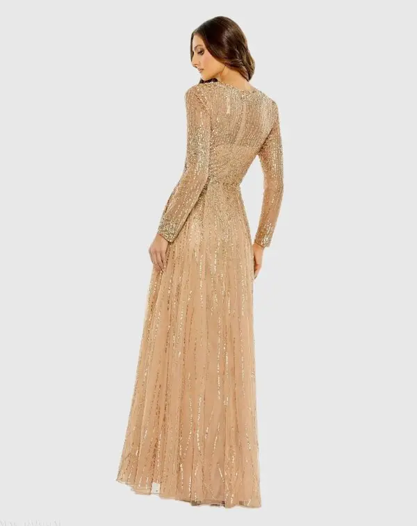 Mac Duggal Embellished High Neck Long Sleeve Gown - Neutral