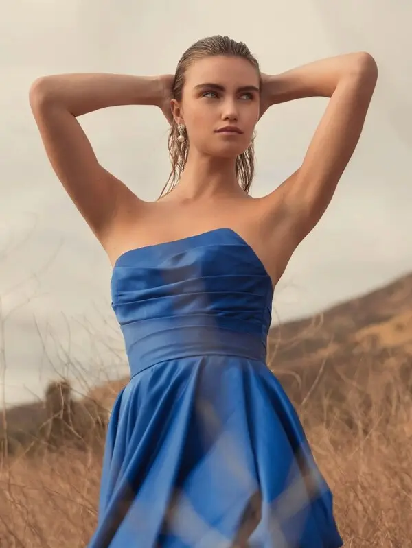 Mac Duggal Strapless Ruched High Low Gown - Blue
