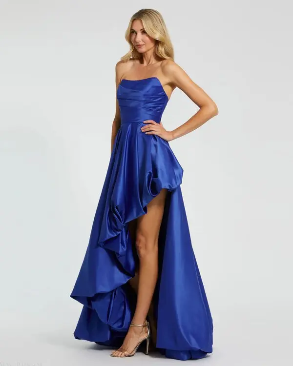 Mac Duggal Strapless Ruched High Low Gown - Blue