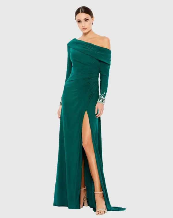 Mac Duggal Beaded Cuff Faux Wrap Gown - Green