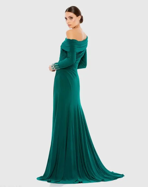 Mac Duggal Beaded Cuff Faux Wrap Gown - Green
