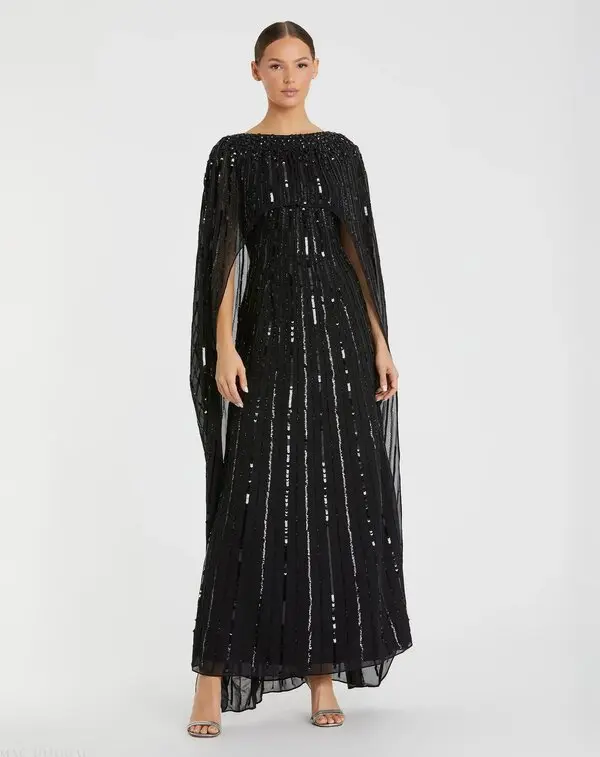 Mac Duggal Embellished Beaded Column Cape Gown - Black