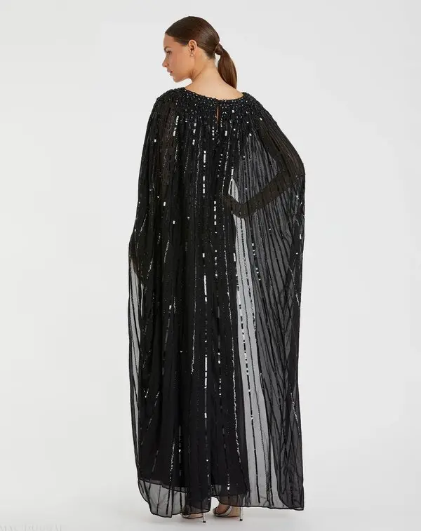 Mac Duggal Embellished Beaded Column Cape Gown - Black