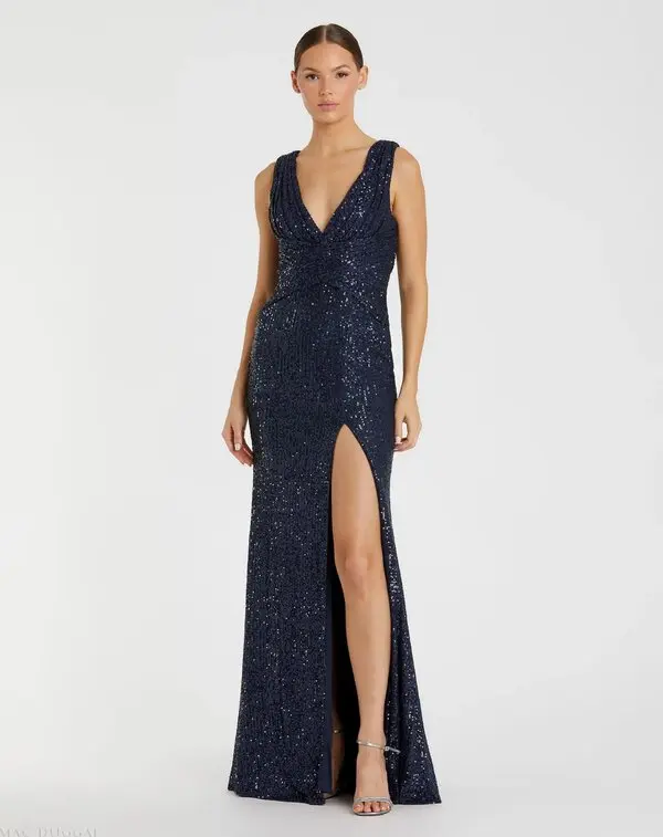 Mac Duggal Sequin V-neck Wrap Waist Gown - Navy