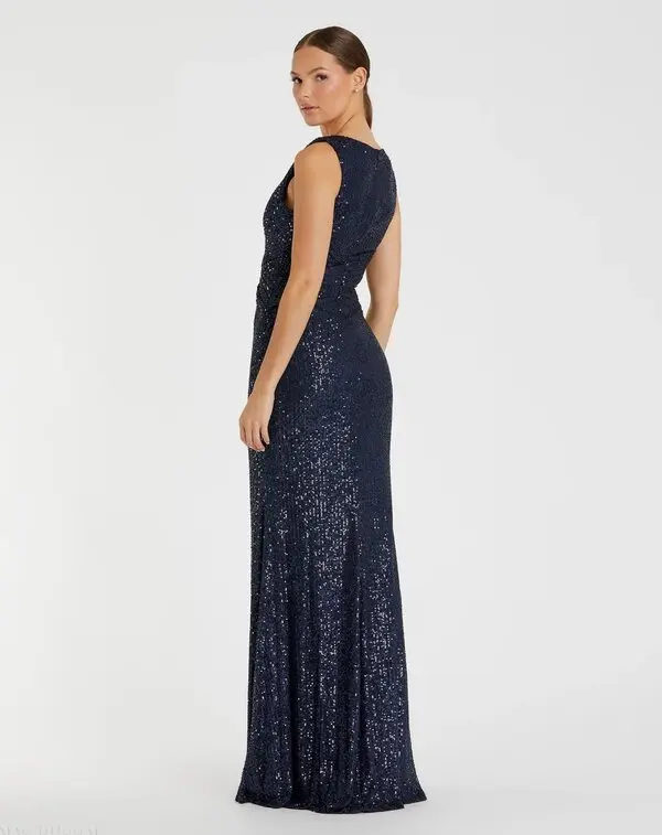 Mac Duggal Sequin V-neck Wrap Waist Gown - Navy