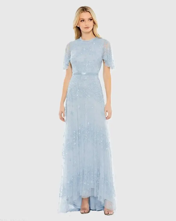 Mac Duggal Sequin Embellished High Neck A-line Gown - Blue